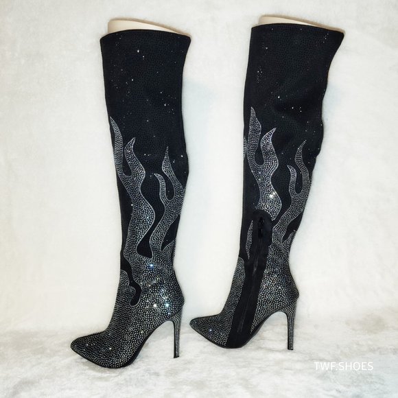 Mata Shoes | Shoes | Fire Black Silver Rhinestone Flame Detail Sexy ...